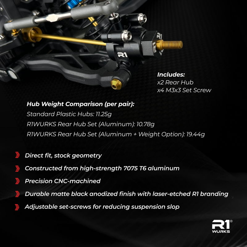 R1WURKS (B7 Series) Rear Hub Set, Aluminum – R1 Brushless Motor Lab, LLC.